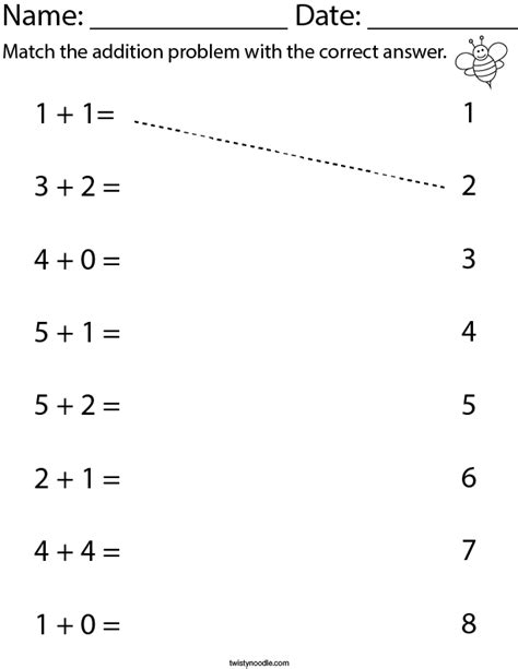 Addition Matching Math Worksheet Twisty Noodle