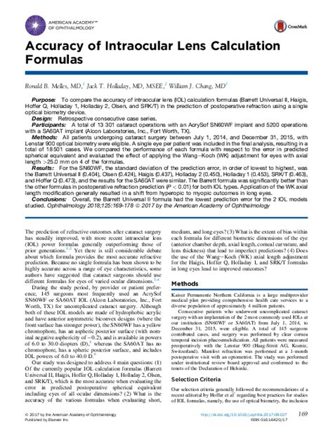 Pdf Accuracy Of Intraocular Lens Calculation Formulas