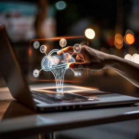 Person Interacting With Hologram Of Cloud Computing System Showing Data Analysis And Processing