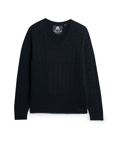 Womens Oversized V Neck Cable Knit Jumper In Eclipse Navy Superdry Uk