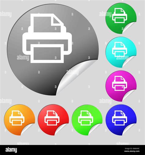 Print Sign Icon Printing Symbol Set Of Eight Multi Colored Round Buttons Stickers Vector