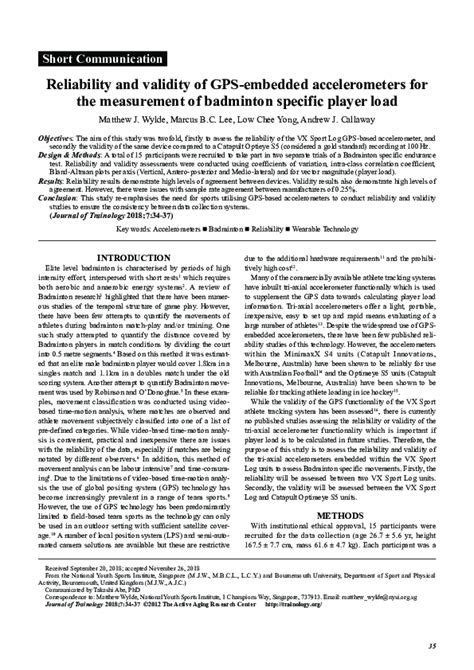 Pdf Reliability And Validity Of Gps Embedded Accelerometers Forthe Measurement Of Badminton