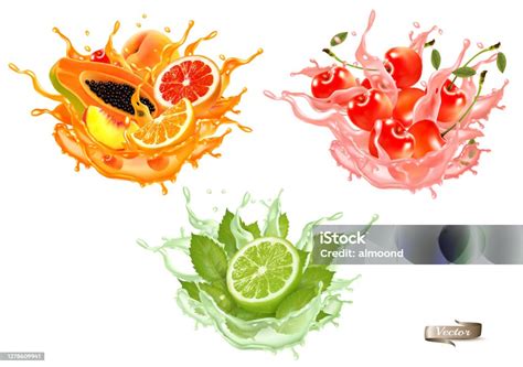 달콤한 이국적인 주스 스플래시 전체및 슬라이스 파파야 체리 복숭아 자몽과 오렌지 달콤한 주스 또는 칵테일에 스플래시와 투명 한 배경에 고립 된 방울 3d 벡터 0명에 대한