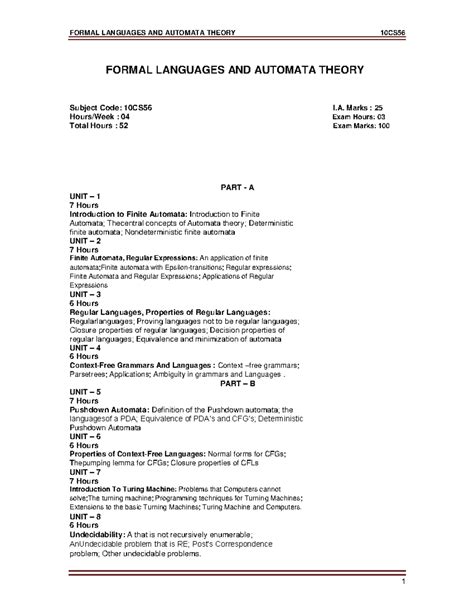 Formal Languages And Automata Theory FORMAL LANGUAGES AND AUTOMATA THEORY Subject Code CS
