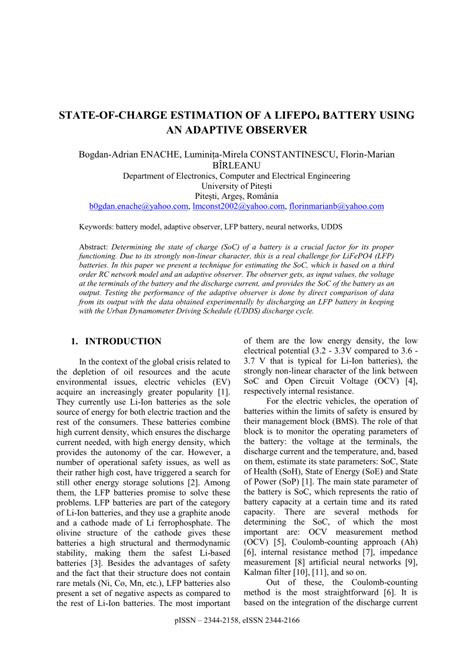 Pdf State Of Charge Estimation Of A Lifepo4 Battery Using An Adaptive Observer