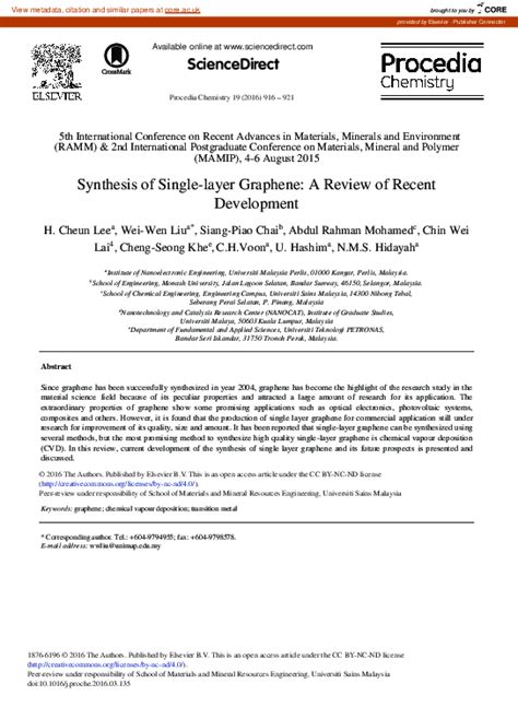 Pdf Synthesis Of Single Layer Graphene A Review Of Recent Development