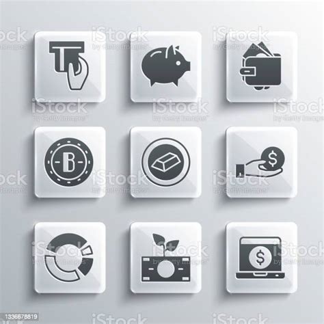 냄비에 돈 공장을 설정 달러와 노트북 돈을 주는 손 골드 바 파이 차트 인포 그래픽 비트 코인 신용 카드 삽입 및 지갑 아이콘