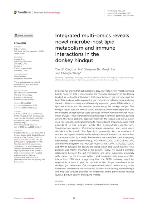 Pdf Integrated Multi Omics Reveals Novel Microbe Host Lipid Metabolism And Immune Interactions