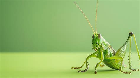 A Green Grasshopper Sits On A Green Background Looking Directly At The