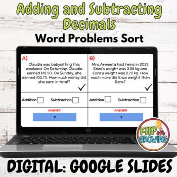 Adding And Subtracting Decimals Word Problems Sort By Keep On Growing