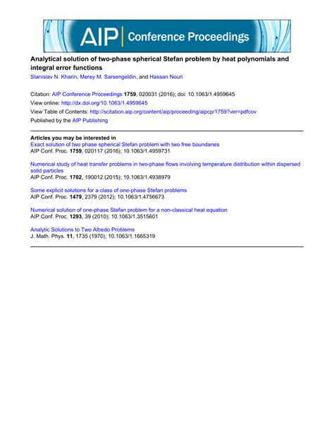 Pdf Analytical Solution Of Two Phase Spherical Stefan Problem By Heat Polynomials And Integral