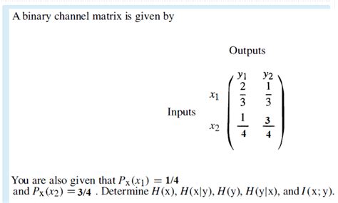Solved A Binary Channel Matrix Is Given By Outputs Yi 2 3 Y2 Chegg