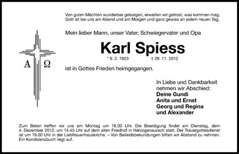 Traueranzeigen Von Karl Spiess Trauer Nn De