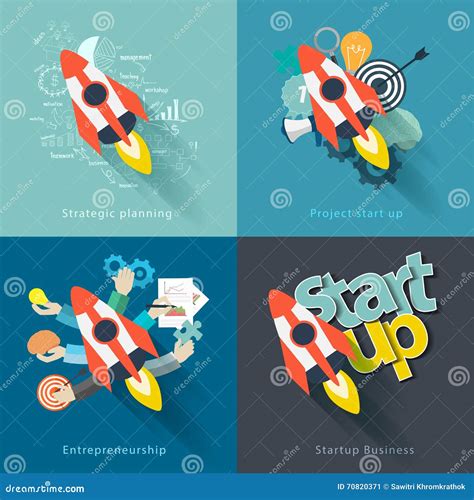 Vector Flat Concept Background With Rocket Project Start Up Stock