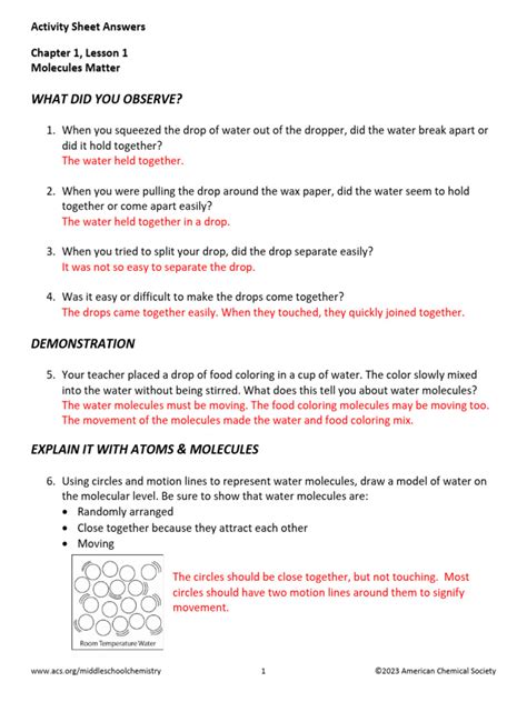 Ch1 L1 Activity Sheet Answers Pdf Molecules Water