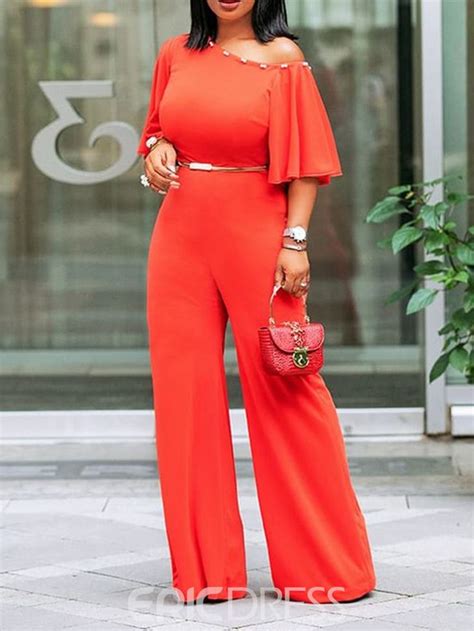 Ericdress Plain Bead Date Night Wide Leg Oblique Collar Jumpsuitwithout Waistband Color