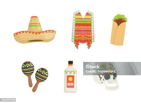멕시코 전통 개체 세트입니다 솜브레로 모자 판초 부리토 데킬라 병 및 설탕 두개골 벡터 일러스트 레이 션 0명에 대한 스톡 벡터 아트 및 기타 이미지 Istock