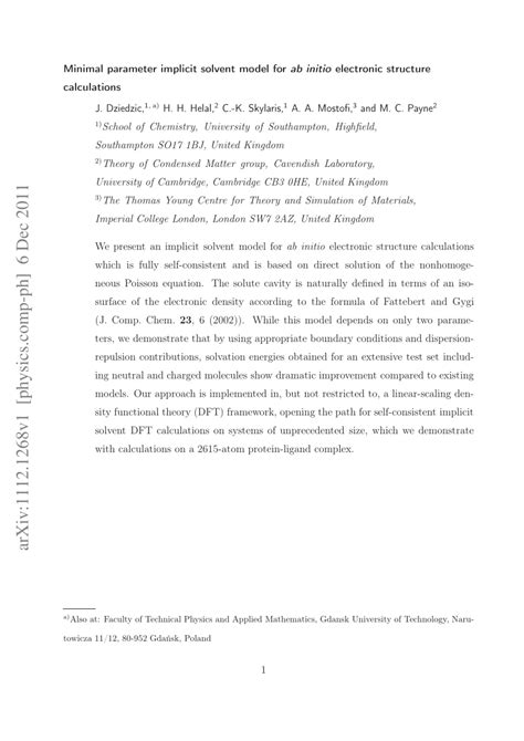Pdf Minimal Parameter Implicit Solvent Model For Ab Initio Electronic Structure Calculations