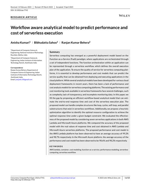 PDF Workflow Aware Analytical Model To Predict Performance And Cost