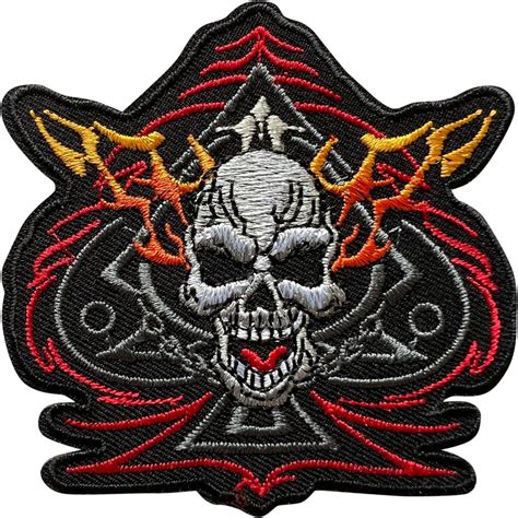 Spades Skull Fire Flames Patch Iron Sew On Clothes Bag Jacket Embroide