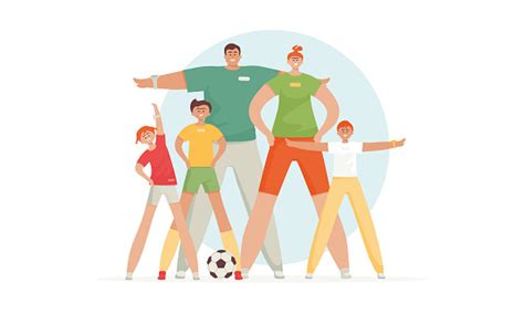 큰 스포츠 가족 아빠 어머니 아들과 딸은 건강한 라이프 스타일을 이끌고 피트니스와 스포츠에 종사하고 있습니다 플랫 스타일의 벡터