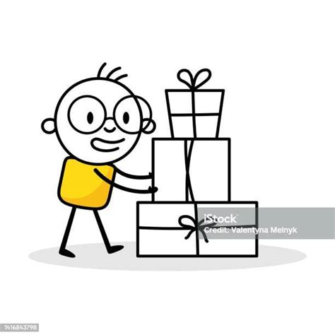 큰 선물 상자를 밀고있는 남자 만화 크리스마스 캐릭터 개념 격리된 벡터 스톡 일러스트레이션 12월에 대한 스톡 벡터 아트 및
