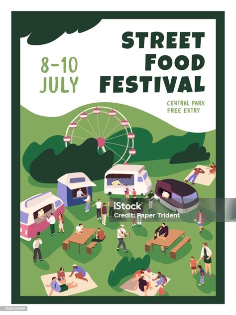 길거리 음식 축제의 광고 포스터 놀이 공원에 있는 유원지의 수직 플래카드입니다 사람들은 먹고 자연에서 피크닉을 즐깁니다 여름 이벤트 야외 엔터테인먼트 평면 벡터 그림