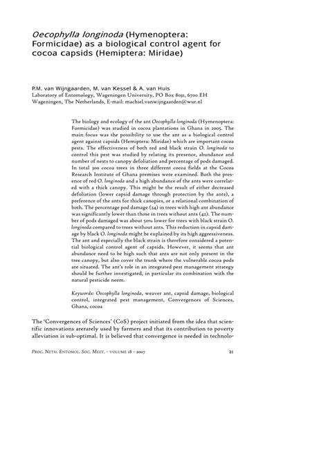 Pdf Oecophylla Longinoda Hymenoptera Formicidae As A Biological Control Agent For Cocoa