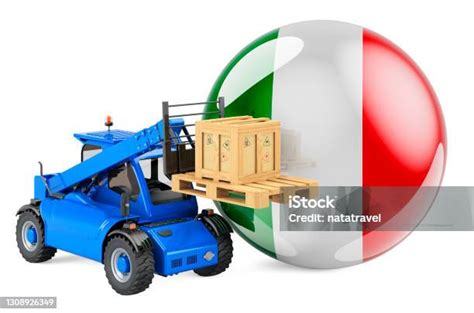 텔레스코픽 핸들러 트럭과 소포가 있는 이탈리아 국기 이탈리아 개념화물 배송 흰색 배경에 고립 된 3d 렌더링 기에 대한 스톡 사진 및 기타 이미지 Istock