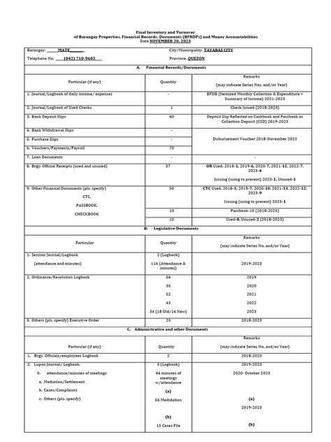 Brgy Final Inventory And Turnover Form Pdf Business Computing