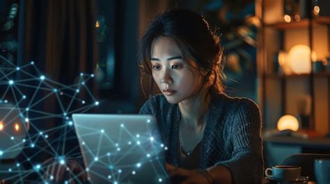 A Woman Working On Her Laptop Digital Network Visualization Premium