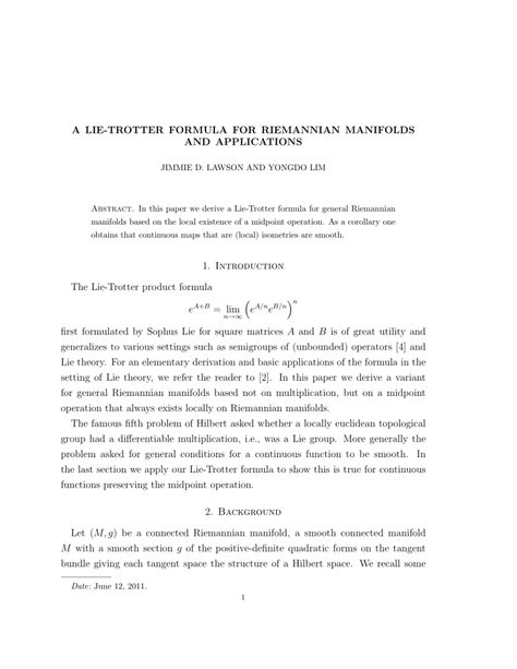 Pdf A Lie Trotter Formula For Riemannian Manifolds And Applications