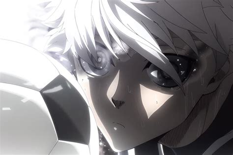 An Anime Character With White Hair And Black Eyes Looking At Something