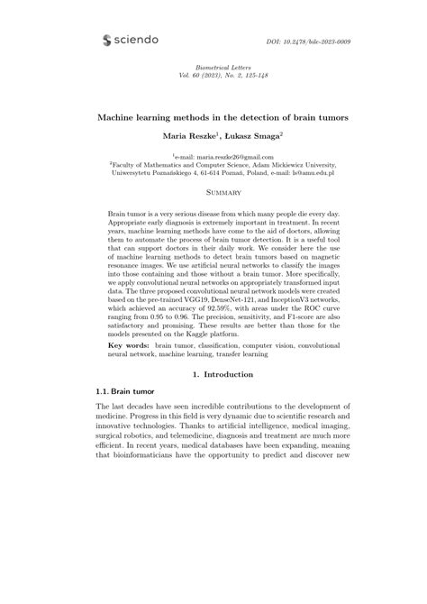 Pdf Machine Learning Methods In The Detection Of Brain Tumors