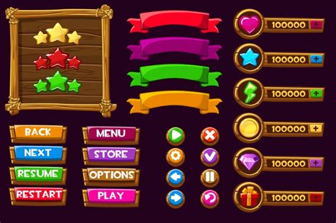 Game Ui Big Kit Template Wooden Menu Royalty Free Vector