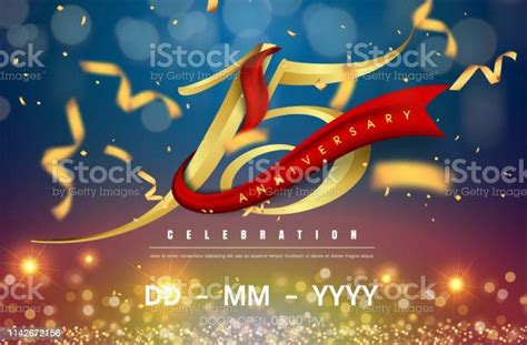 골드와 블루 배경 15 년 기념일 로고 템플릿 15 빨간 리본 벡터와 색종이 고립 된 디자인 요소와 황금 숫자를 축 하 15세기에 대한 스톡 벡터 아트 및 기타 이미지