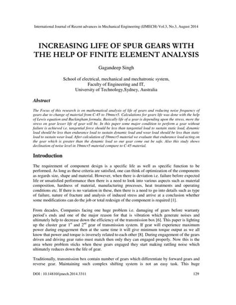 Increasing Life Of Spur Gears With The Help Of Finite Element Analysis Pdf Physics Science