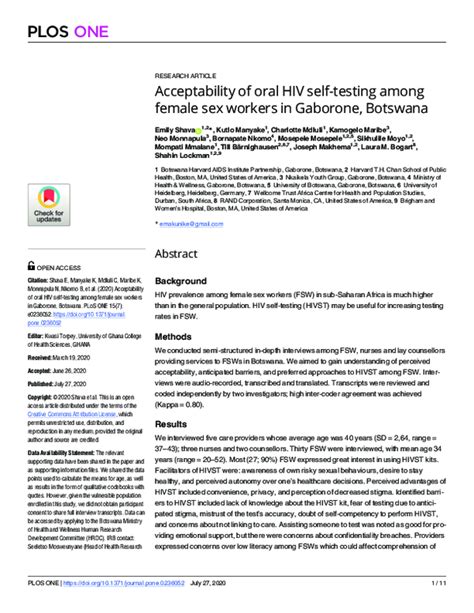 Pdf Acceptability Of Oral Hiv Self Testing Among Female Sex Workers