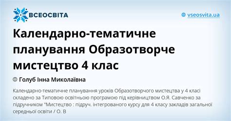 Календарно тематичне планування Образотворче мистецтво 4 клас КТП Образотворче мистецтво