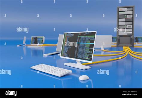 Server Workstation Desktop Computer And Server Infrastructure On Blue Background Digital 3d