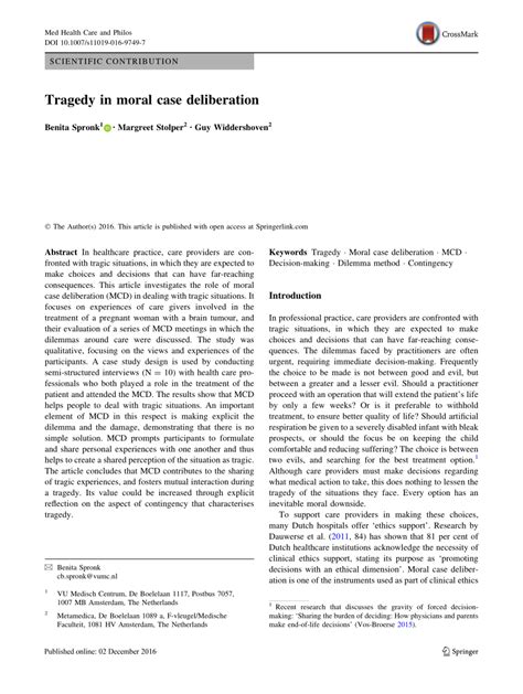 Pdf Tragedy In Moral Case Deliberation
