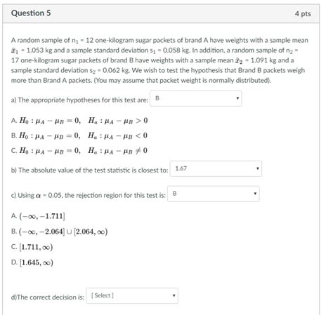 Solved Question 5 4 Pts A Random Sample Of N1 12