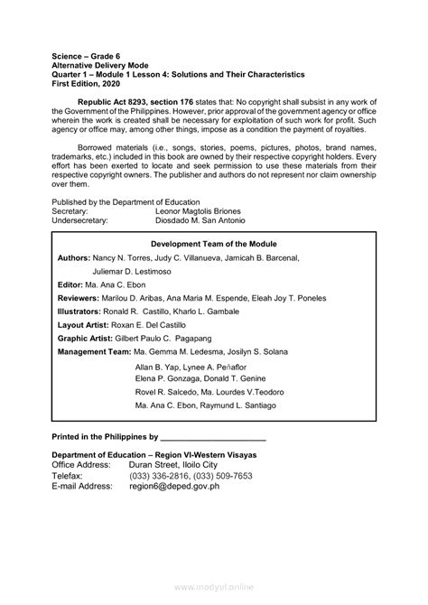 Science 6 Module 1 Lesson 4 Solutions And Their Characteristics Grade 6 Modules