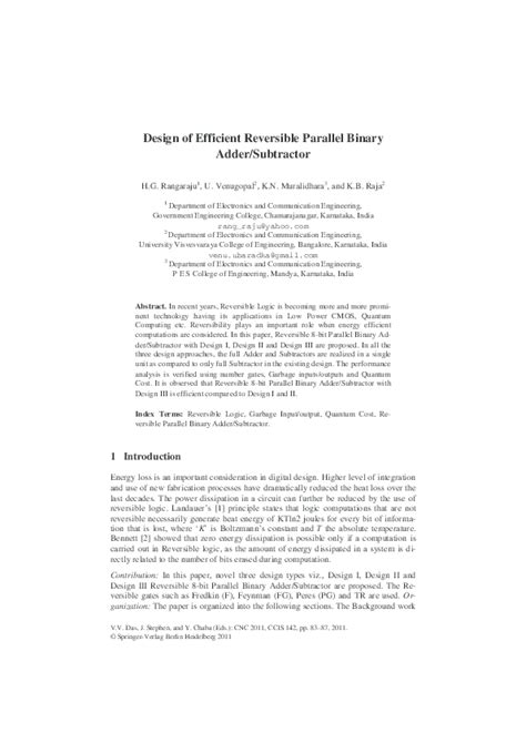 Pdf Design Of Efficient Reversible Parallel Binary Addersubtractor