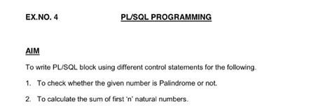 solved ex no 4 pusql programming aim to write pl sql block