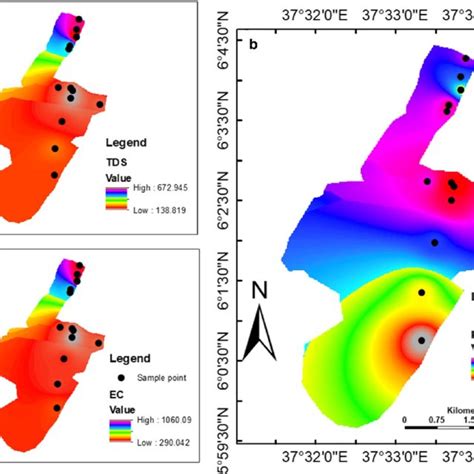 The Spatial Variation Mapa Tds B Ph And C Ec In The Groundwater Samples Download Scientific