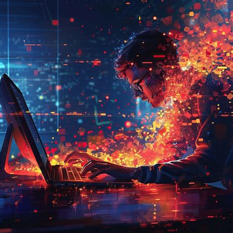 A Data Scientist Coding On A Computer The Screen Exploding In Pixels Of