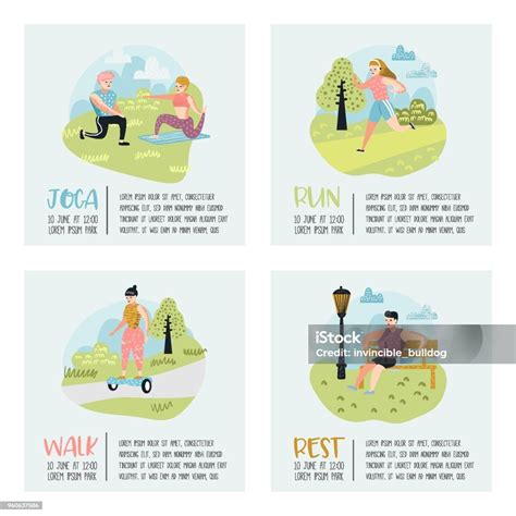 여름 야외 스포츠 활동입니다 공원 포스터 세트 배너에에서 적극적인 사람 실행 요가 롤러 피트 니스 문자 밖에 서 운동 하 고입니다 벡터 일러스트 레이 션 개념에 대한 스톡