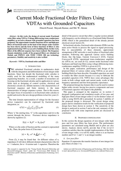 Pdf Current Mode Fractional Order Filters Using Vdtas With Grounded