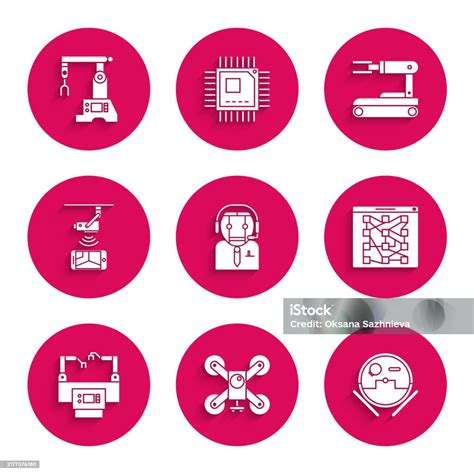 작업자 로봇 액션 카메라로 비행하는 드론 로봇 진공 청소기 글로벌 기술 소셜 네트워크 조립 라인 무선 제어 Cctv 보안 및 아이콘을 설정합니다 벡터 가공의 인물에 대한